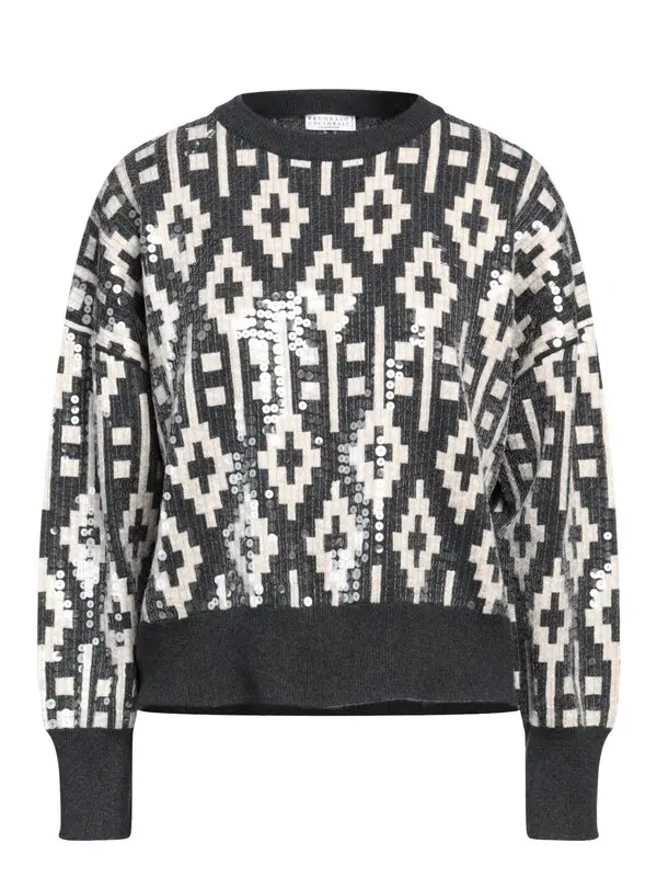 Brunello Cucinelli Geometric Jacquard Sequin Crewneck Knit Sweater - Black