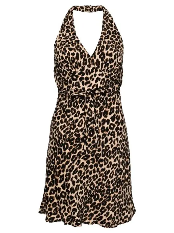 REFORMATION Delanie Dress Leopard Print Halterneck Mini - Black