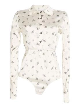 GANNI Floral Printed Collared Long-sleeve Bodysuit Shirt - White