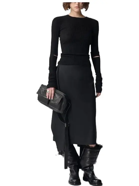 ANN DEMEULEMEESTER Merino Wool Ribbed Knit Crew Neck Long Sleeve Top With Cutout Details - Black