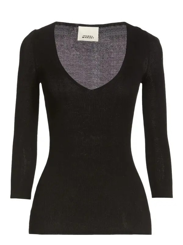 Isabel Marant Étoile Ribbed Knit Top With V-neck And 3/4 Sleeves - Black