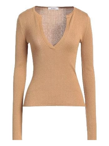 Max Mara Ribbed Knit Plunge Neck Long Sleeve Top - Nude