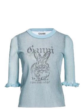 GANNI Ribbed Crew-neck Three-quarter Sleeve Top With Vintage Bunny Print - Gray