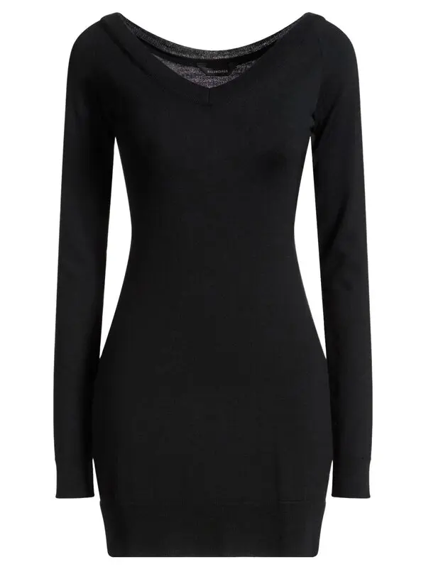 Balenciaga Ribbed V-neck Long Sleeve Knit Mini Dress - Black