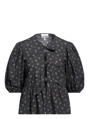 GANNI Floral Puff Sleeve Cropped Top - Black