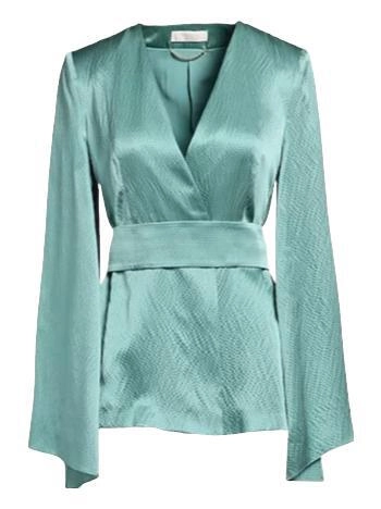 Max Mara Satin V-neck Top With Belted Waist And Flared Sleeves - Green