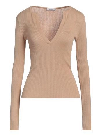 Max Mara Ribbed Knit V-neck Long Sleeve Pullover - Nude