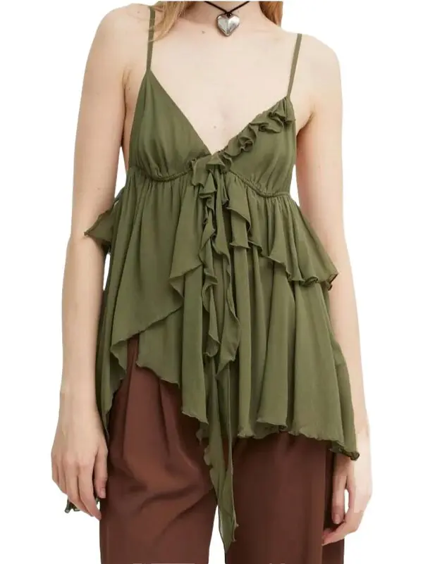 ANIYE BY Ruffled Asymmetric V-neck Top - Green