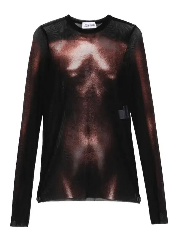 JEAN PAUL GAULTIER Body Print Mesh Long Sleeve Top - Black