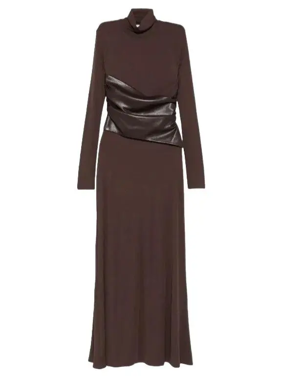 Nanushka Dark Brown High-neck Maxi Dress With Faux Leather Detail - Green
