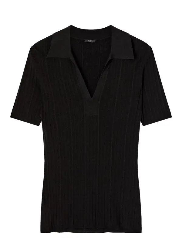 JOSEPH Ribbed Polo-neck Top With Side Slits - Black
