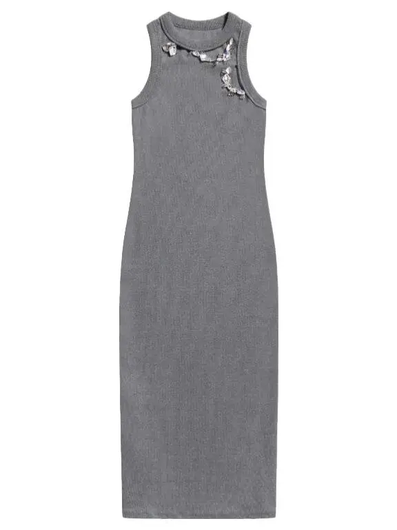 AREA Crystal-embellished Ribbed Midi Dress - Gray