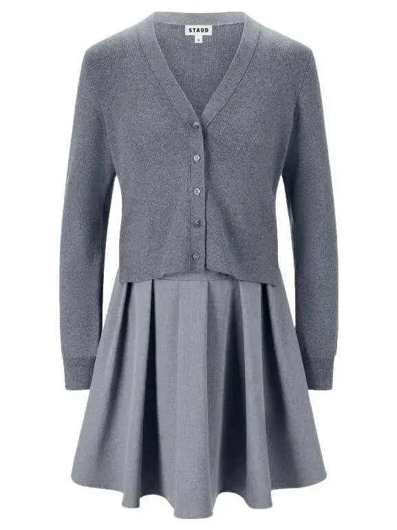Staud Milo V-neck Midi Dress With Pleated Skirt - Gray