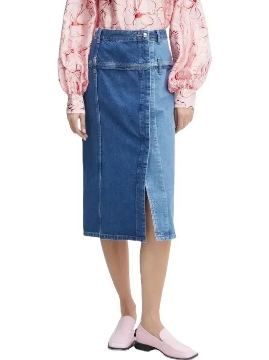 Stine Goya Denim Panelled Midi Skirt - Blue