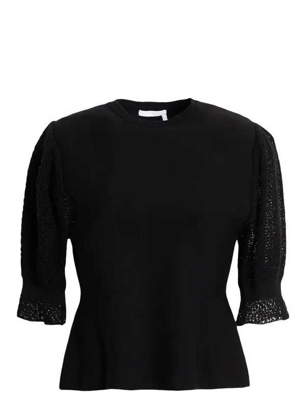 Chloé Crewneck Knit Top With Lace Puff Sleeves - Black