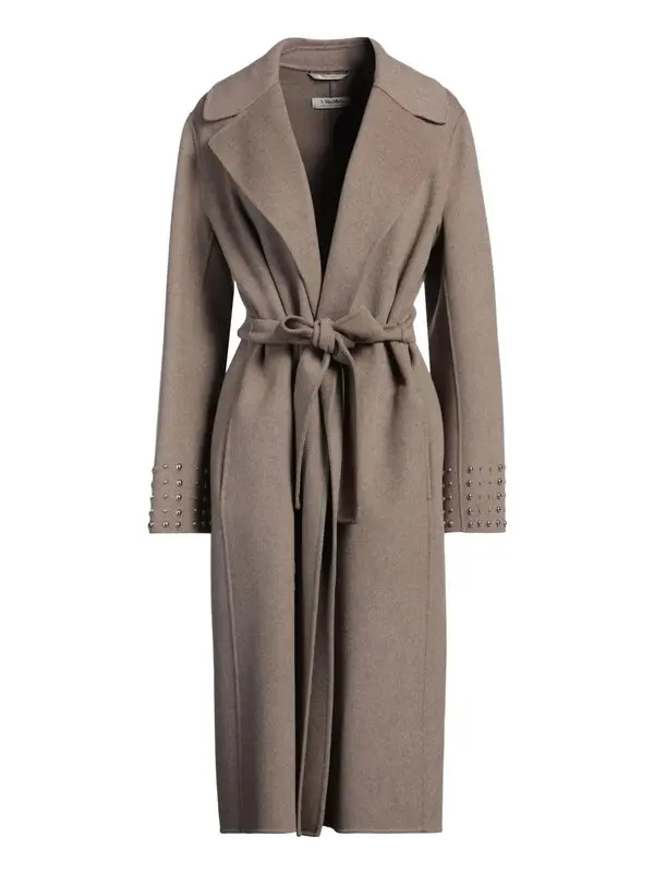 Max Mara Belted Wool Flannel Coat With Stud Embellishments - Gray