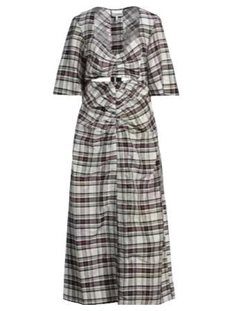 GANNI Plaid Gathered Midi Dress - Gray
