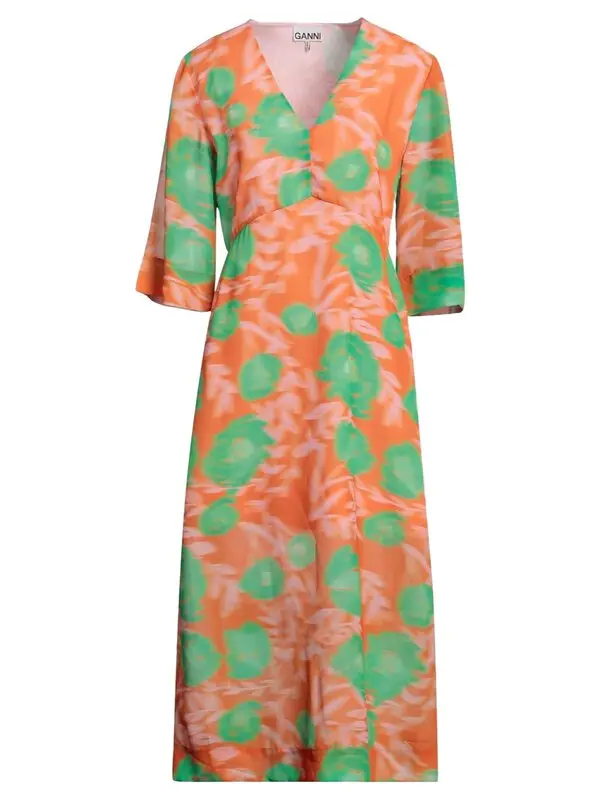 GANNI Flared Crepe Midi Dress With V-neck And 3/4 Sleeves - Green