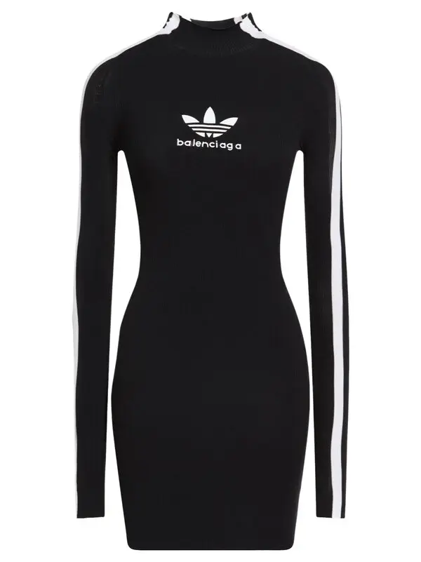 Balenciaga Ribbed Knit Mini Dress With High Neck And Stripes - Black