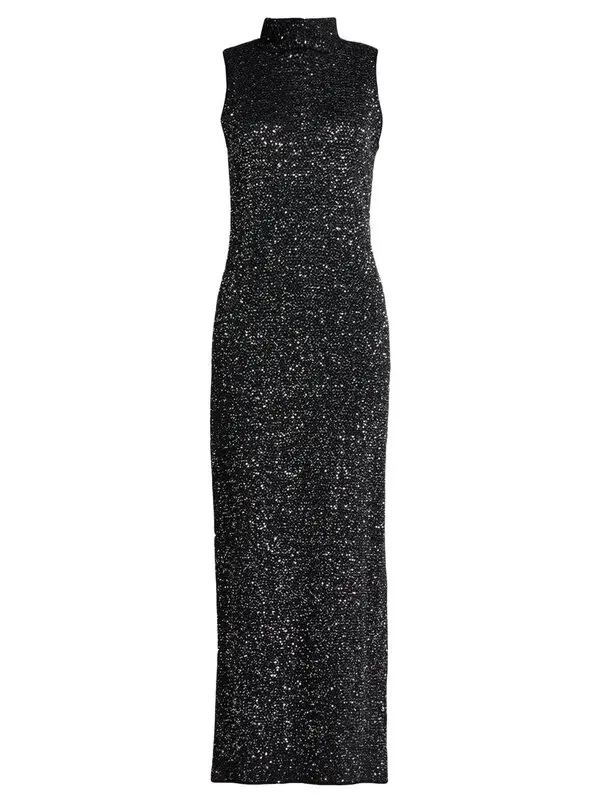 Max Mara Sequin Embellished Mock Neck Sleeveless Maxi Dress - Black