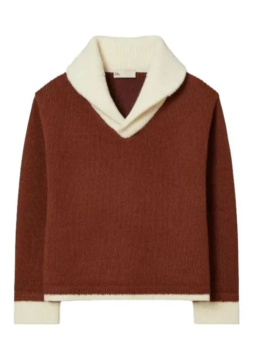 Tory Burch V-neck Color-blocked Sweater With Shawl Collar - Brown