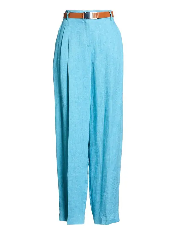 Max Mara Wide-leg Linen Trousers With Belt - Blue