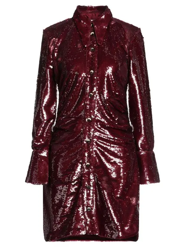 GANNI Long-sleeve Sequin Shirt Dress With Side Slit - Brown