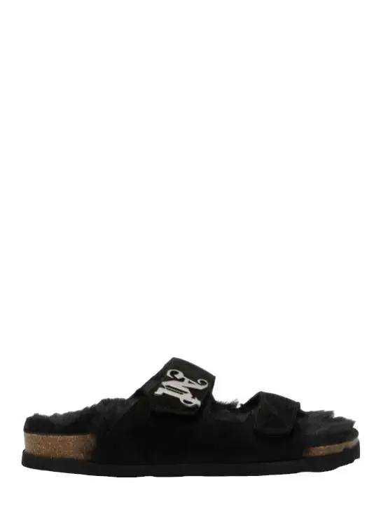 Palm Angels Fur Logo Detail Sandals - Black