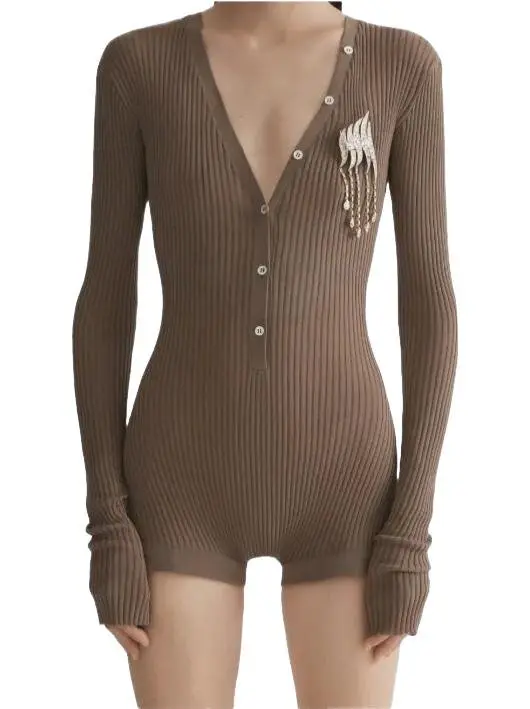 MUGLER Knitted Buttoned Bodyshorts - Brown