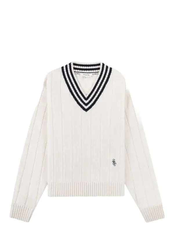 SPORTY  RICH Sporty & Rich V-neck Striped Trim Jumper - No