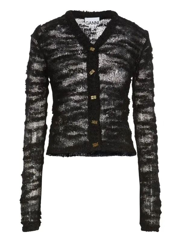 GANNI Textured Knit Long Sleeve Top - Black