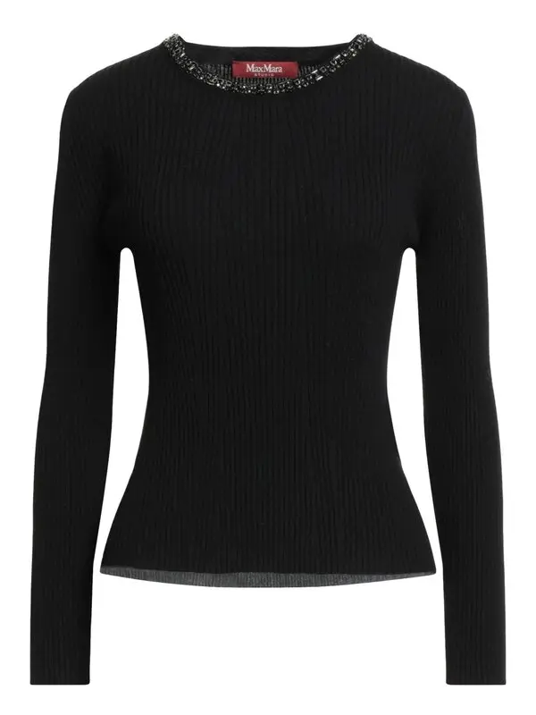 Max Mara Ribbed Knit Top With Embellished Neck - Black