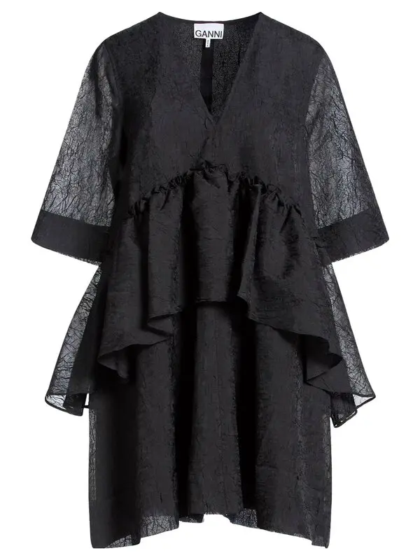 GANNI Deep V-neck Short-sleeve Pleated Flared Dress - Black
