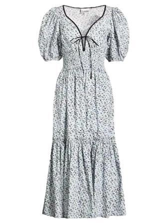 GANNI Bohemian Floral Print Maxi Dress With Puff Sleeves - Gray