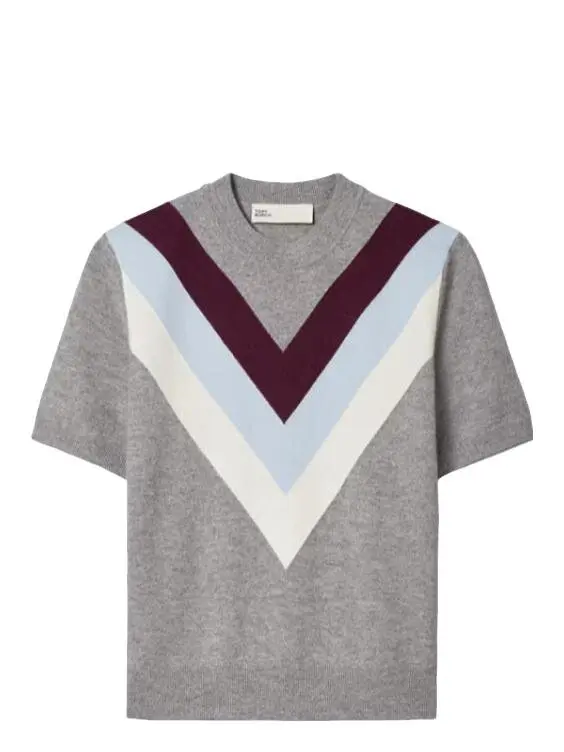 Tory Burch Chevron Wool Short Sleeve Top - Light Gray