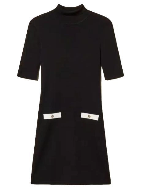 TWINSET High Neck Short Sleeve Mini Dress With Faux Pocket Detail - Black