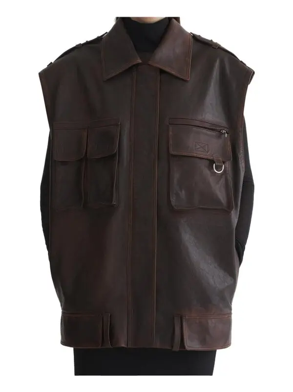 MUGLER Leather Military Gilet - Dark Brown