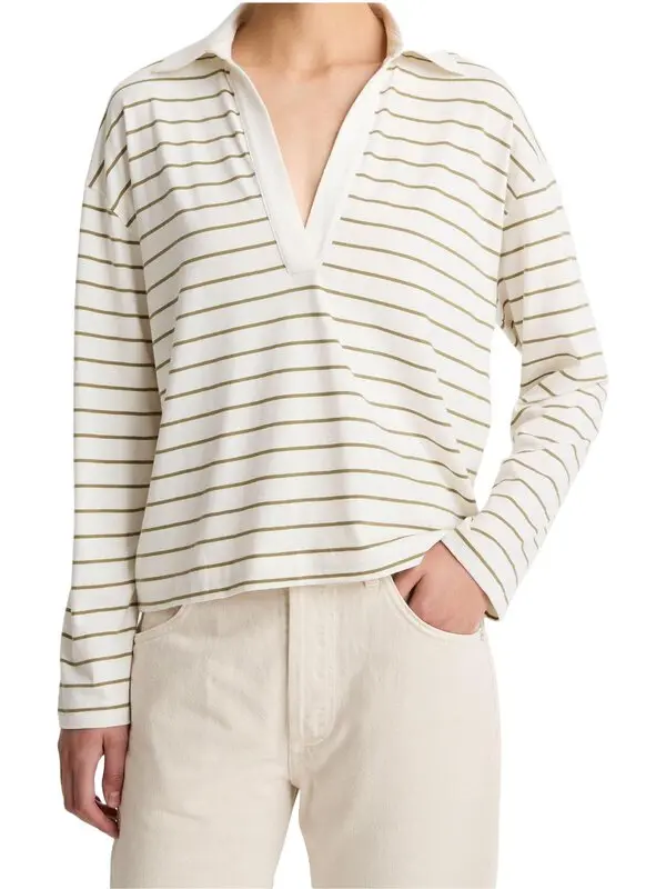 Vince Striped Long Sleeve Collared T-shirt - Peridot