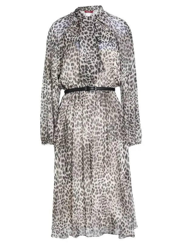Max Mara Long Sleeve Leopard Print Chiffon Dress - Charcoal-grey