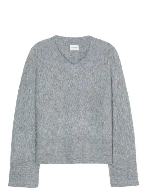 Closed V-neck Patterned Fine Knit Sweater - Gray