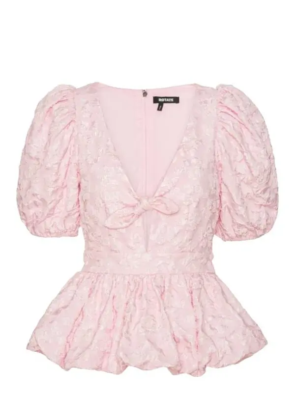 ROTATE BY BIRGER CHRISTENSEN Jacquard Puff Sleeve Top With Knot Embellishment - Pink