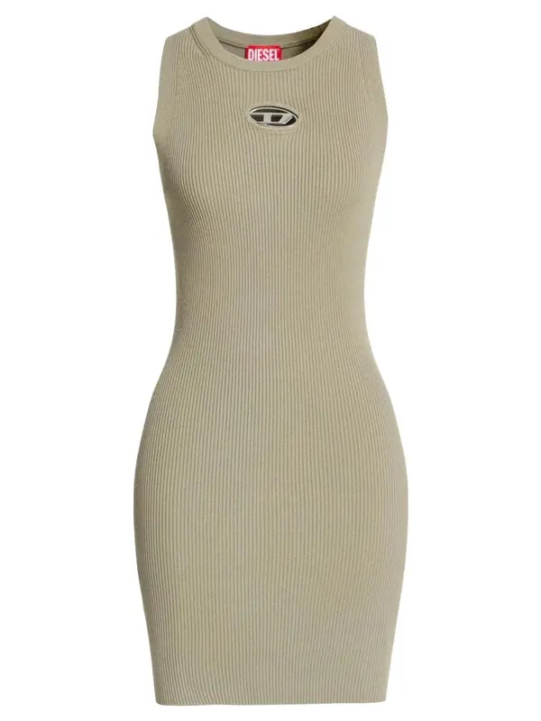 DIESEL® Ribbed-knit Sleeveless Crewneck Bodycon Dress With Appliqu - Khaki