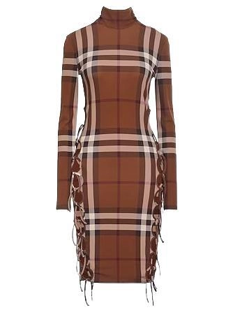 Burberry Fitted Printed Long Sleeve Turtleneck Dress - Brown