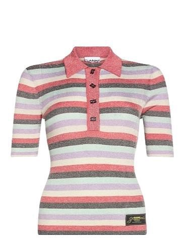 GANNI Striped Metallic Knit Polo Shirt - Pink
