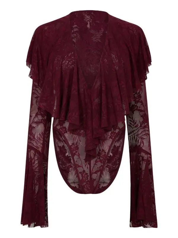 Norma Kamali Long-sleeved Deep V-neck Ruffled Bodysuit - Brown