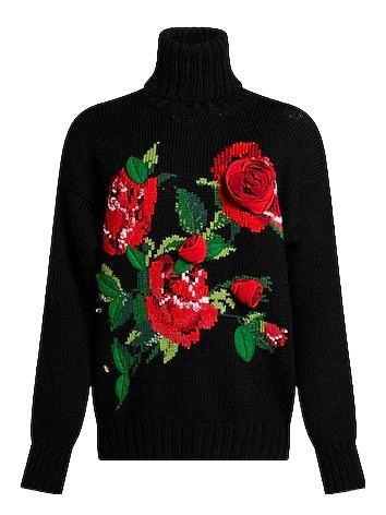 Dolce & Gabbana Floral Appliqué Turtleneck Heavy Knit Sweater - Black