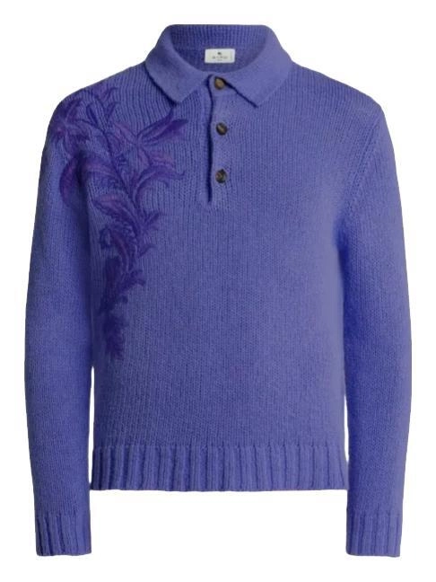 Etro Knit Cotton Polo Shirt With Floral Embroidery - Blue