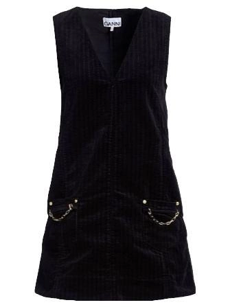GANNI Corduroy Sleeveless V-neck Dress With Appliqués And Pockets - Black