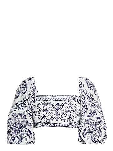 Farm Rio Paisley Print Linen Crop Top With Square Neckline And Shirred Back - White