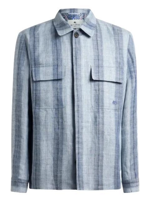 Etro Striped Linen Shacket With Pegaso Embroidery - Gray
